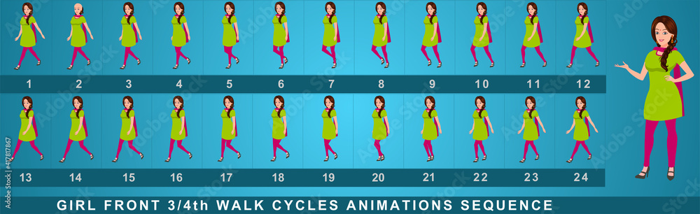 Girl Character Front Walk Cycle Animation Sequence. Frame by frame ...