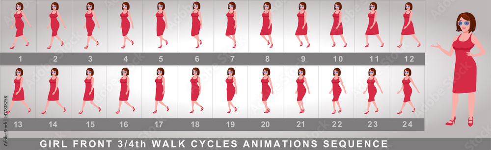 Girl Character Front Walk Cycle Animation Sequence. Frame by frame ...
