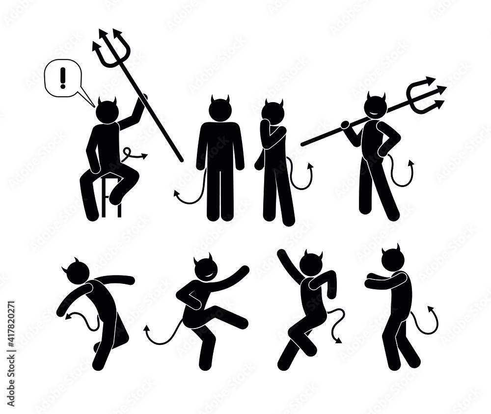 stickman icon set, stick figure isolated pictograms of the devil ...