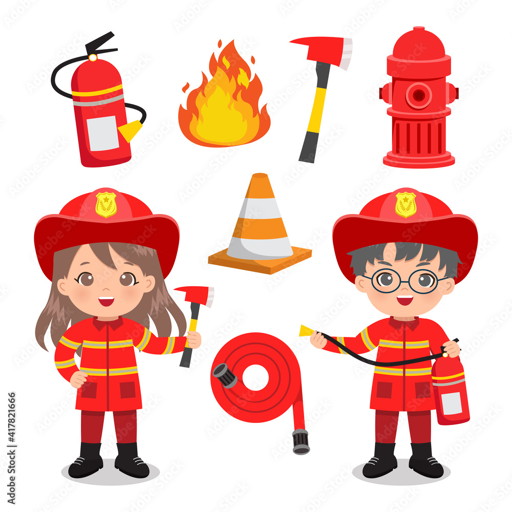 Cute boy and girl in fire fighter uniform with fire emergency clip art ...