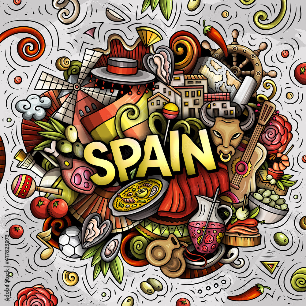 Spain hand drawn cartoon doodle illustration. Funny Spanish design ...