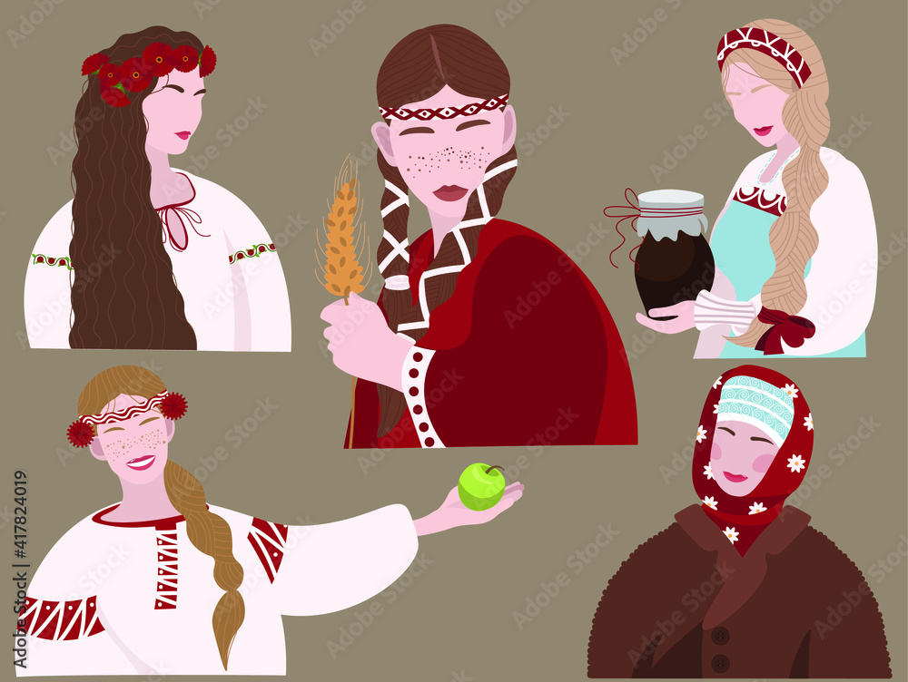 The illustration shows Slavic girls in national winter and summer ...