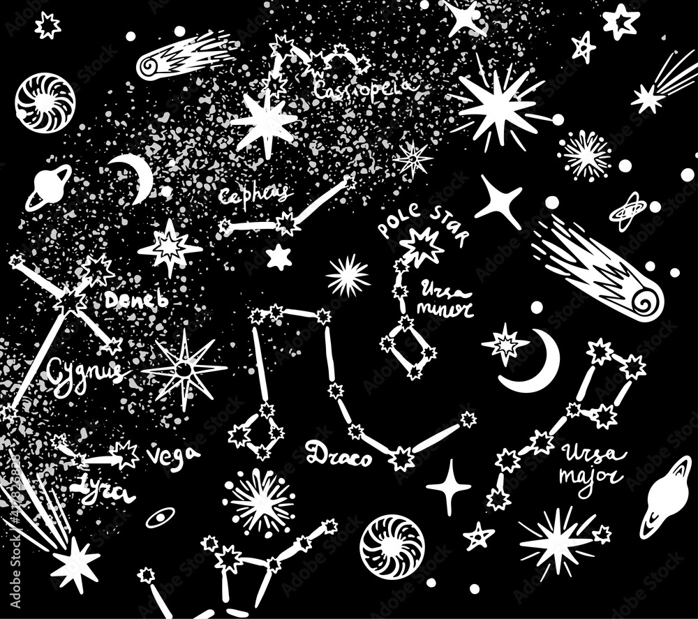 Constellations map in doodle style with planets, comets and stars ...