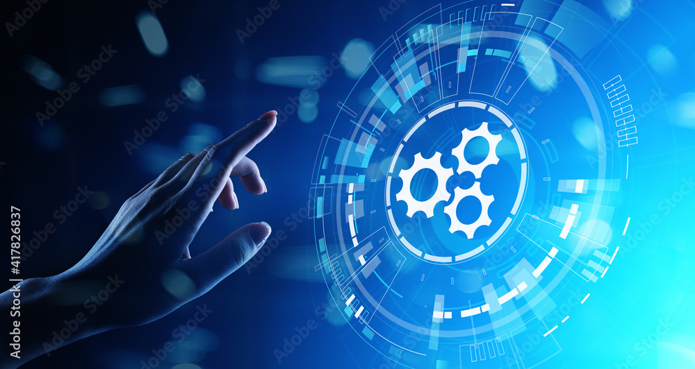 Gears mechanism on virtual screen. Automation and business process flow ...
