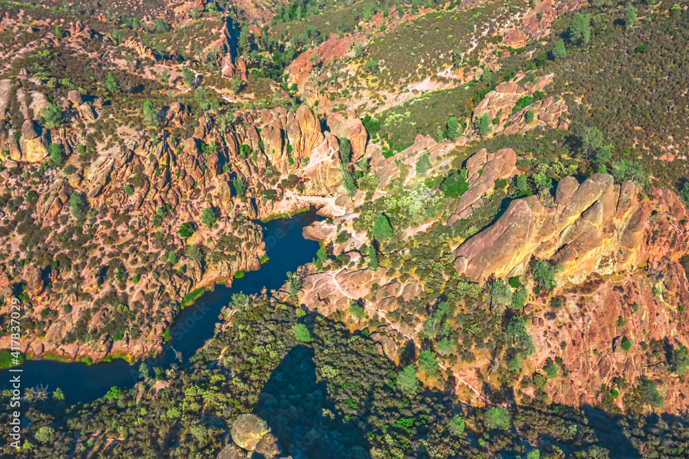 Aerial view of rock formations in Pinnacles National Park in California ...