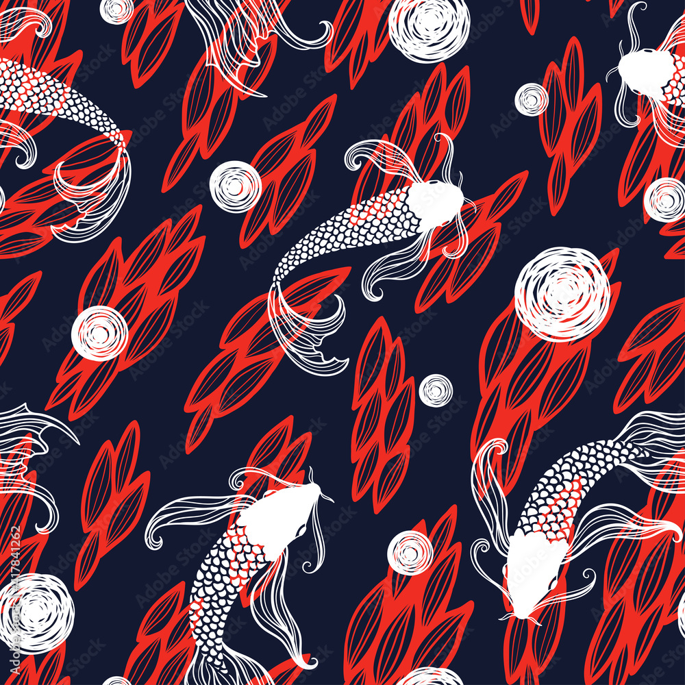 Elegant hand drawn koi fish seamless pattern, japanese background ...