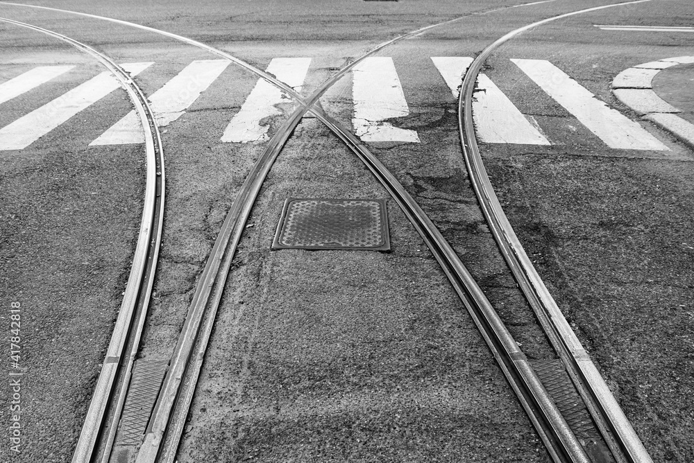Urban railroad of Milan's tram (an urban mean of transport) splitting ...