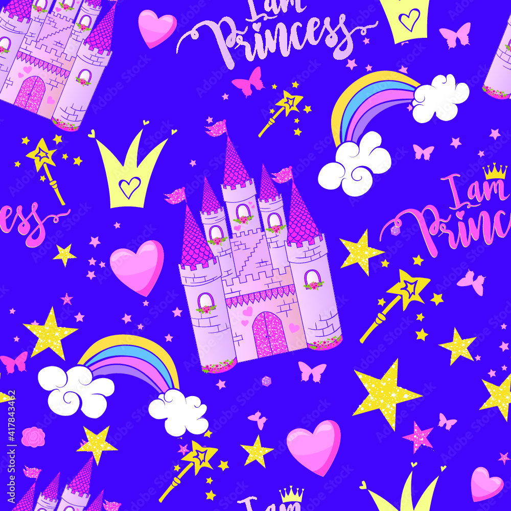 Princess Seamless Pattern for textile with castle, crown, butterfly ...