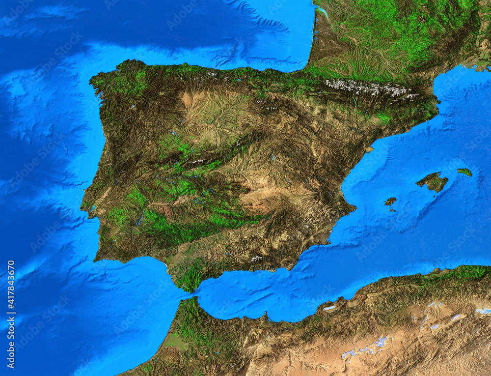 Physical map of Spain and Portugal. Detailed flat view of the Planet ...