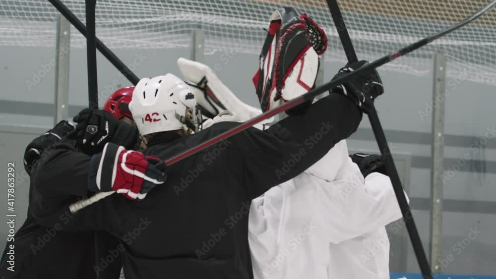 Low-angle medium shot with slowmo of cheerful male hockey team standing ...