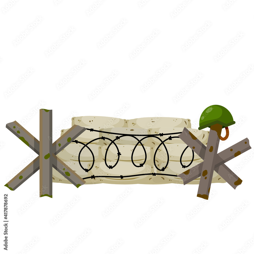 Military barricade of sandbags. Fortified firing point. Defense ...