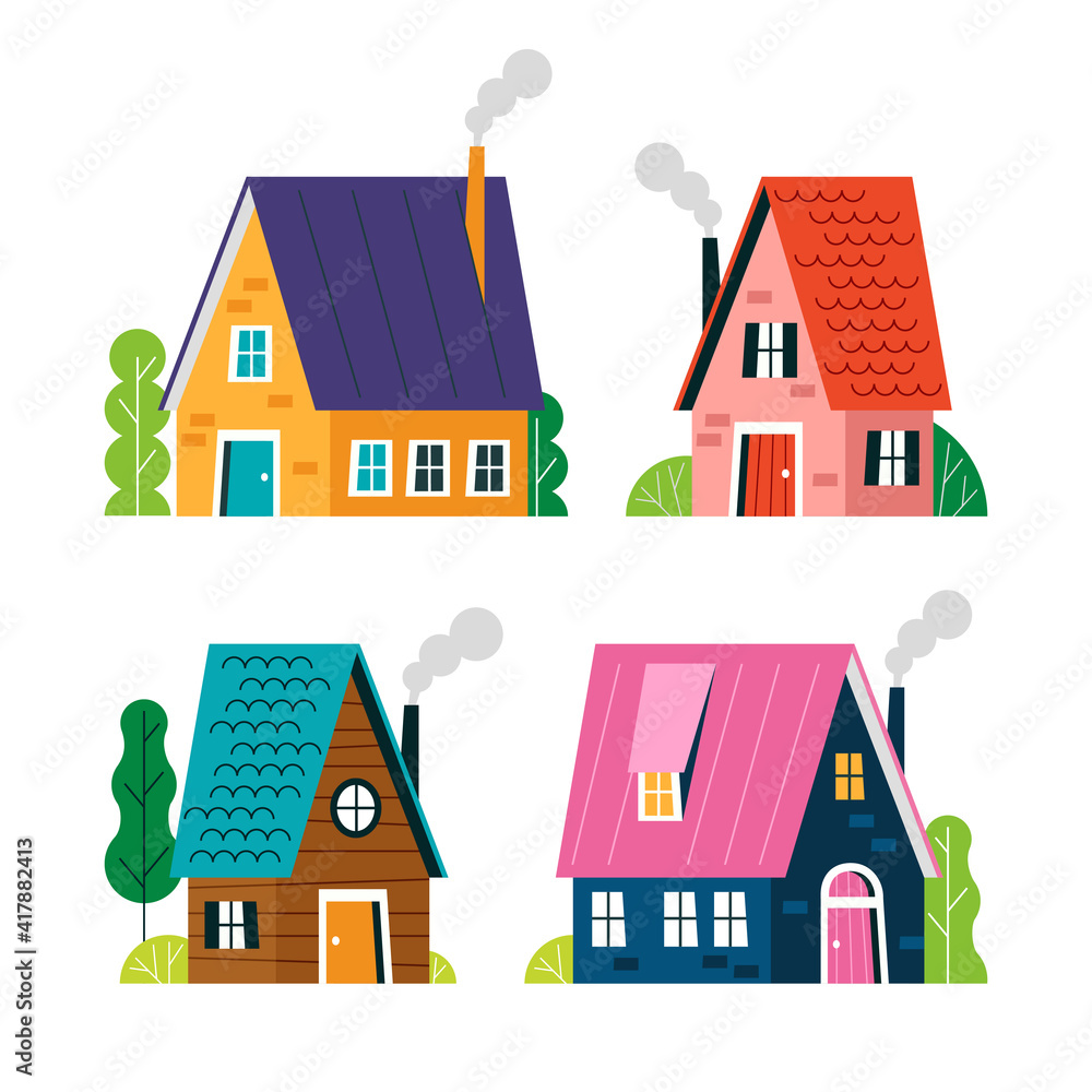 Vector set of houses in cute flat style. Different bright colors and ...