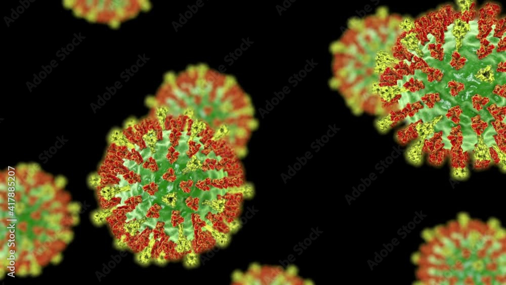 Measles virus. 3D animation showing measles viruses with surface ...