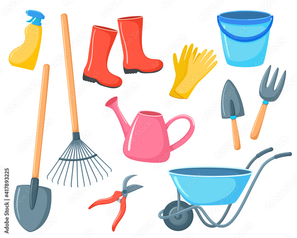 Vector set of gardening tools in cartoon style. Illusion isolated on ...
