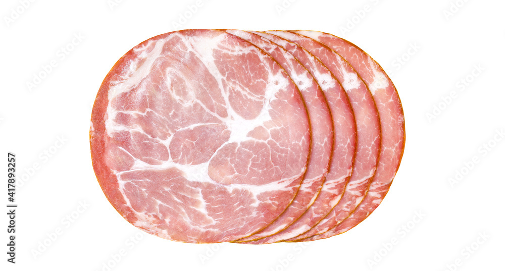 Ham, sausage, cut into round pieces, top view, isolated on white ...