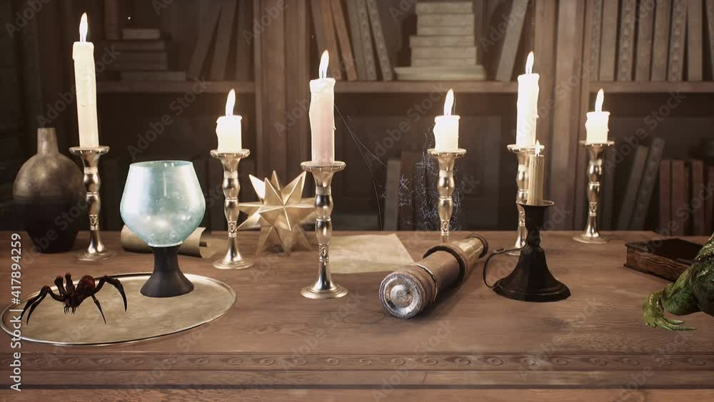 Alchemist's table with books of ancient formulas, old scrolls, human ...