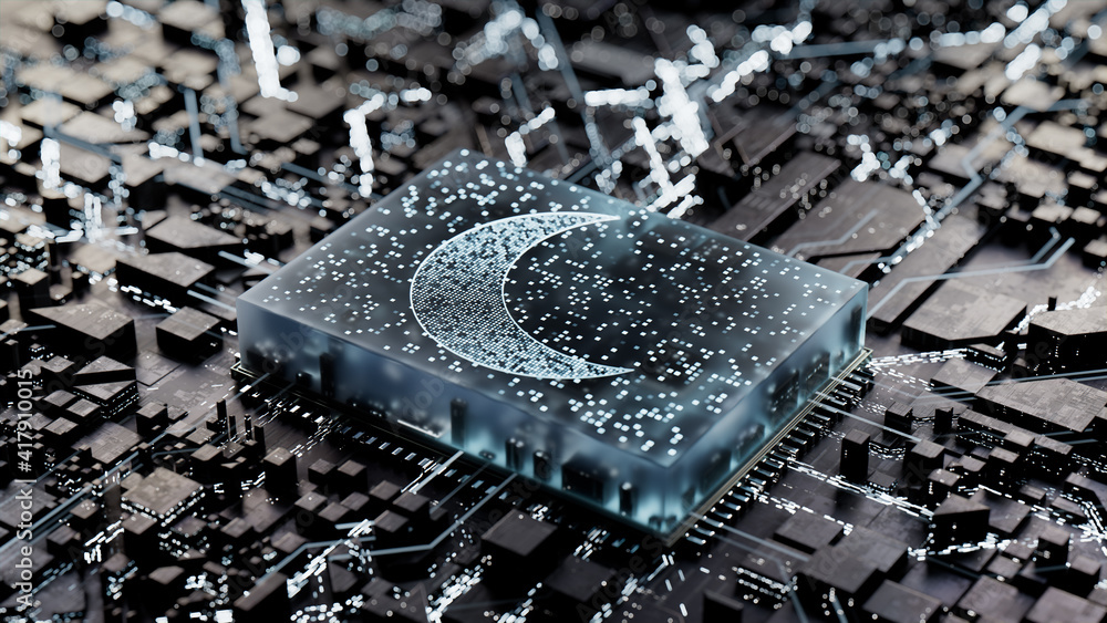 Night mode Technology Concept with moon symbol on a Microchip. Data ...