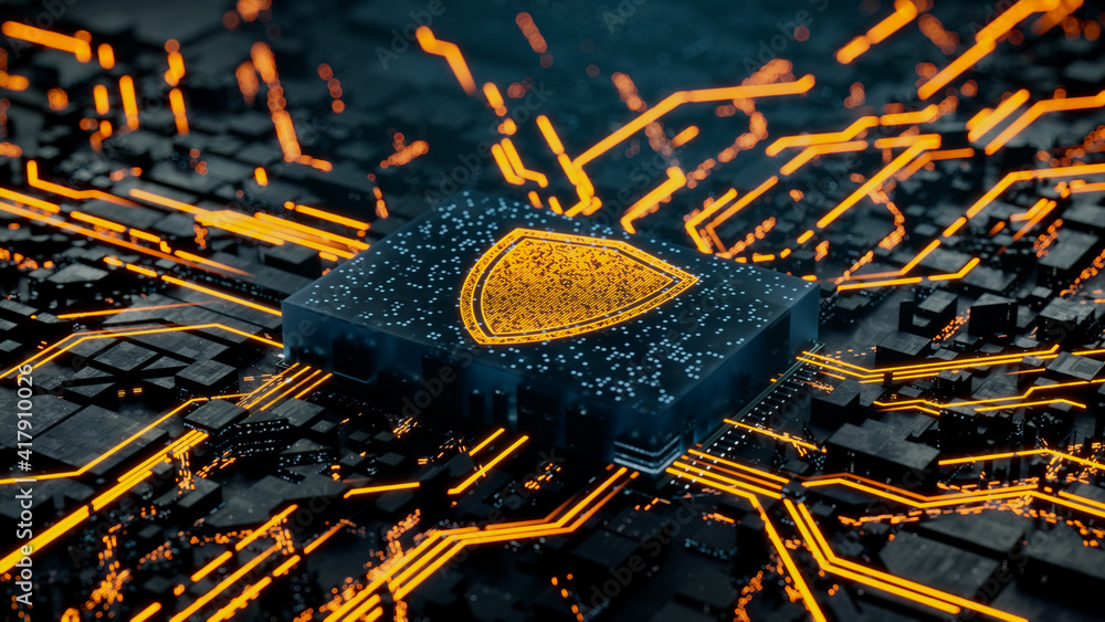 Security Technology Concept with shield symbol on a Microchip. Data flows from the CPU across a ...