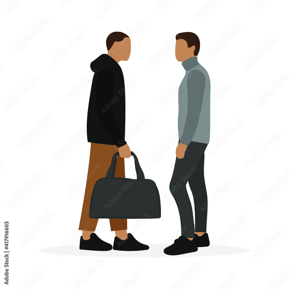 Two male characters, one of whom with a bag in his hand, together on a ...