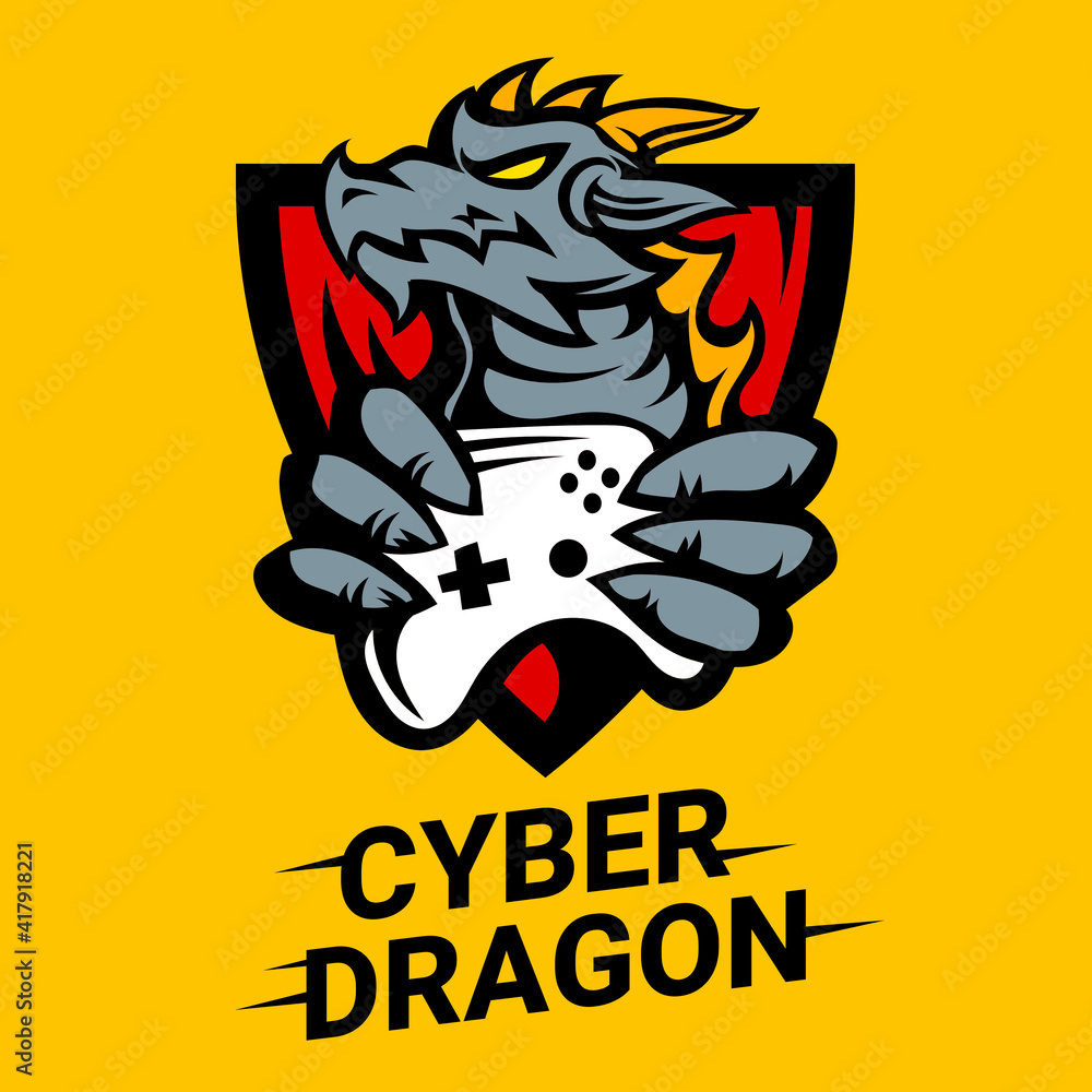 Vector dragon head with joystick logo on yellow background with header ...