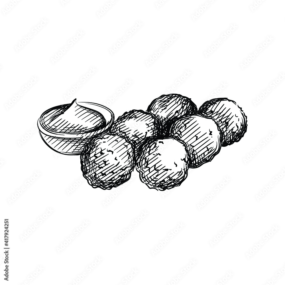 Hand drawn sketch of Dutch Bitterballen meat patties. Veal meat ...