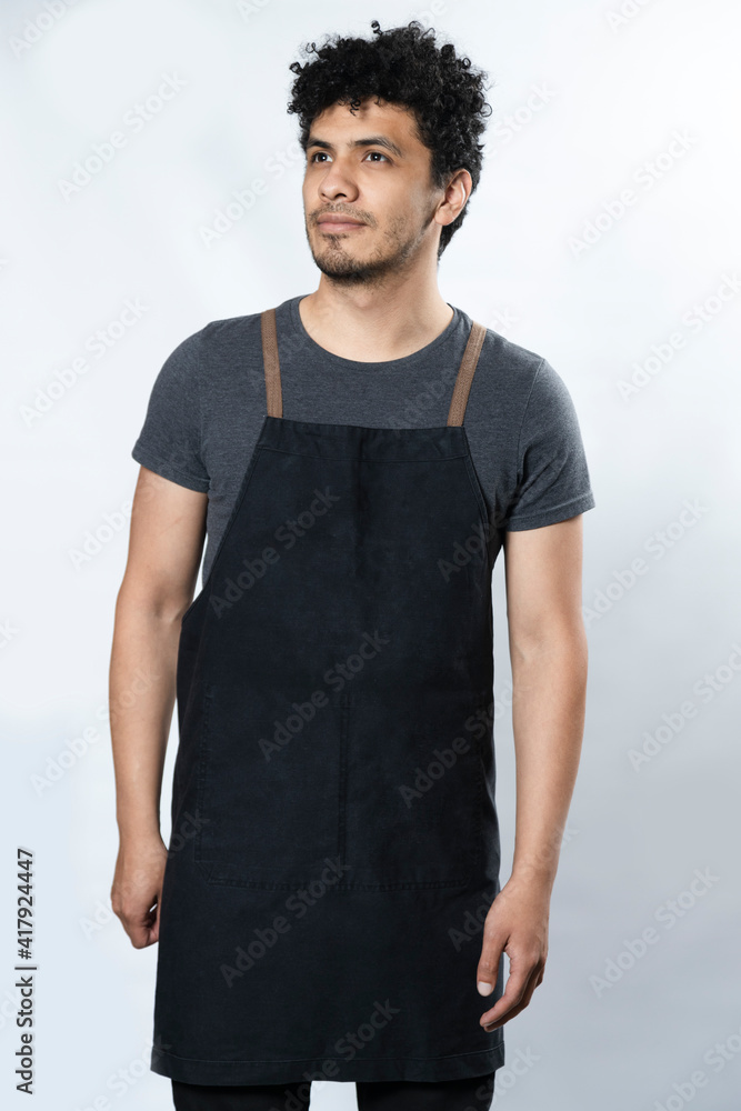 Black Apron Mockup - Hispanic Young Man Wearing Apron Smiling on White ...