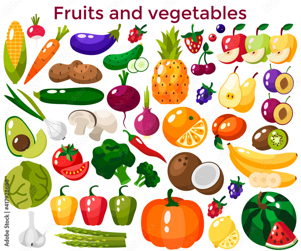 Set of fresh healthy vegetables, fruits and berries isolated. Slices of ...