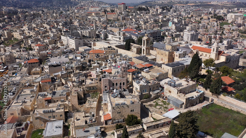 Arial view over Church of the Nativity And City Square Of Bethlehem ...