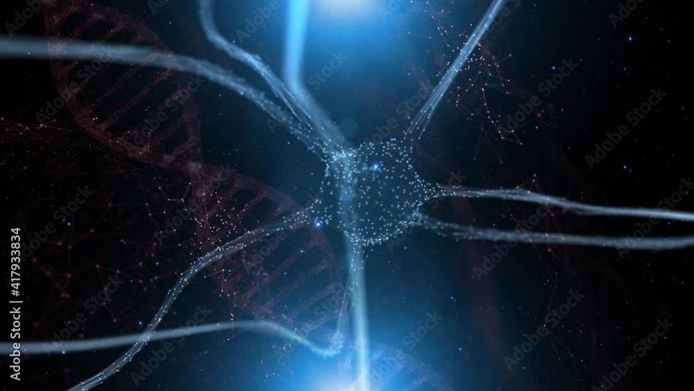 Abstract blue colored neuron cell in the brain and digital rotating dna ...