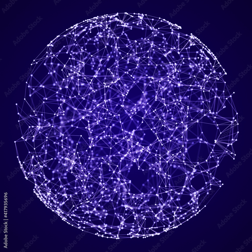 Abstract 3D sphere of particles and lines. Network or connection. Ball ...