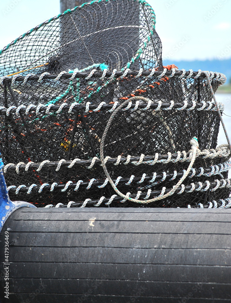 Fishing boat with baskets and nets to catch seafood. Stock Photo ...