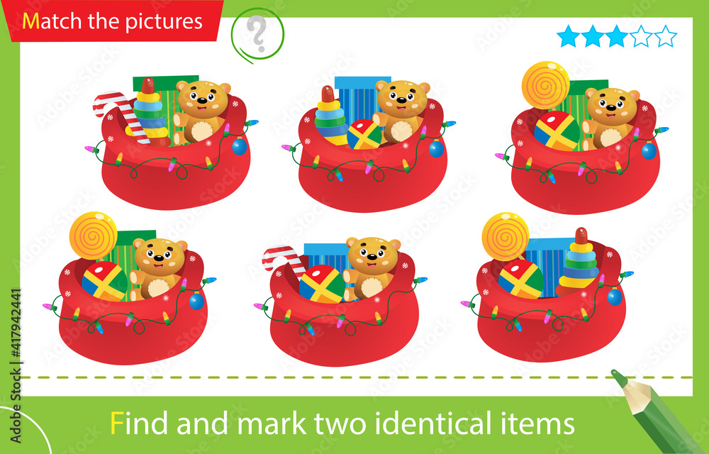 Find and mark two identical items. Puzzle for kids. Matching game ...