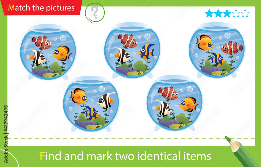 Find and mark two identical items. Puzzle for kids. Matching game ...