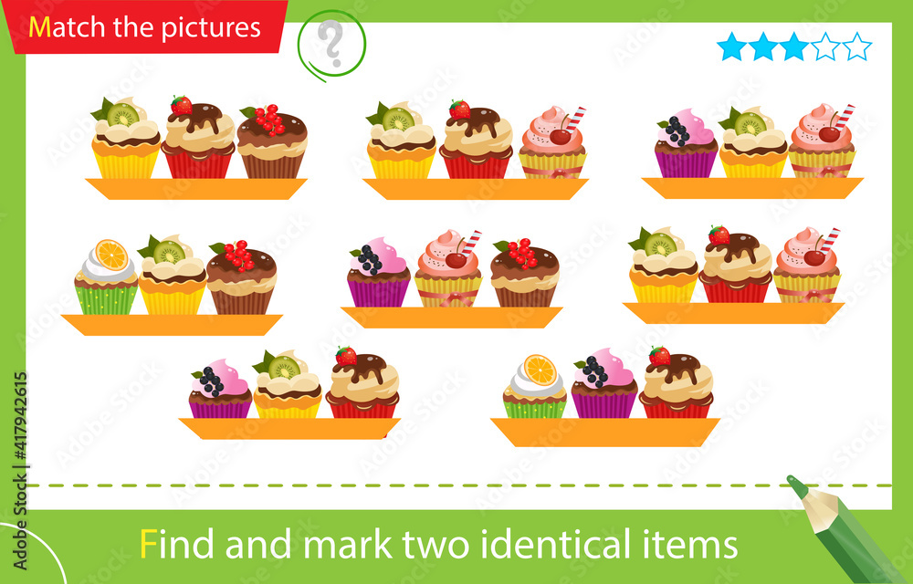 Find and mark two identical items. Puzzle for kids. Sets of holiday ...