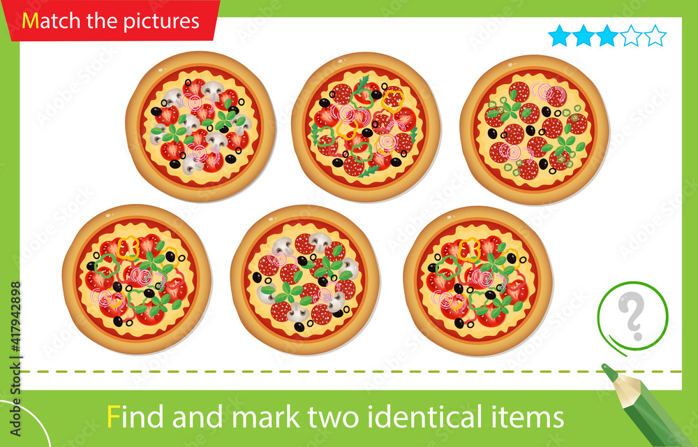 Find and mark two identical items. Puzzle for kids. Matching game ...