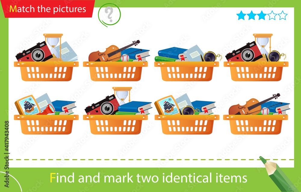Find and mark two identical sets. Puzzle for kids. Matching game ...