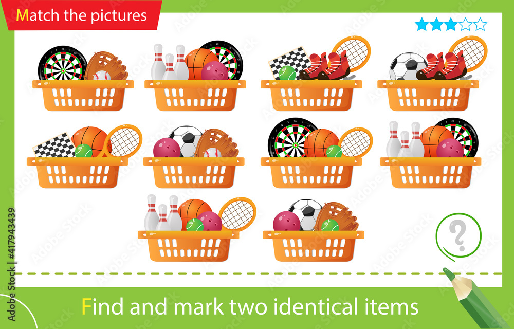 Find and mark two identical sets. Puzzle for kids. Matching game ...