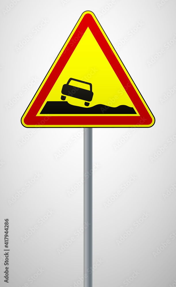 warning road sign dangerous roadside. triangular sign on a metal pole ...