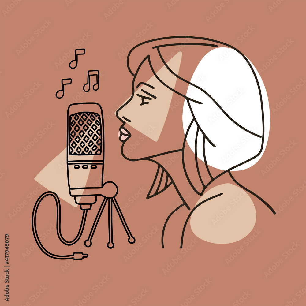 Linear trendy Illustration of a Girl Profile Silhouette singing to a ...