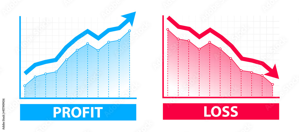 Financial profit and loss graph charts. Blue arrow up and red down arrow. Profit and loss ...