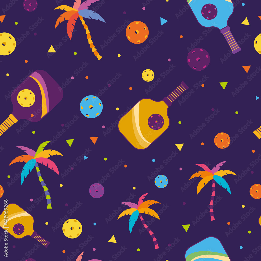 Colorful pickleball seamless pattern. Balls, racquets, palm trees on ...