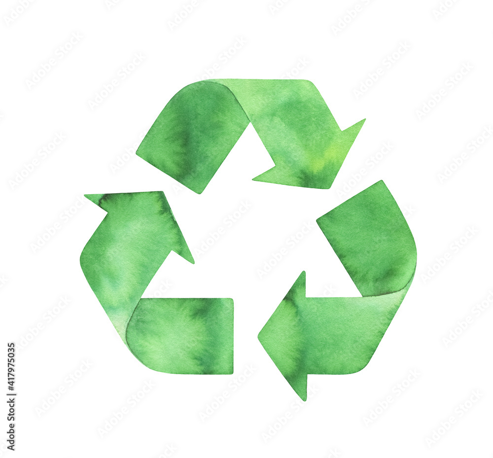 Watercolor illustration of Recycle icon with green artistic brush ...