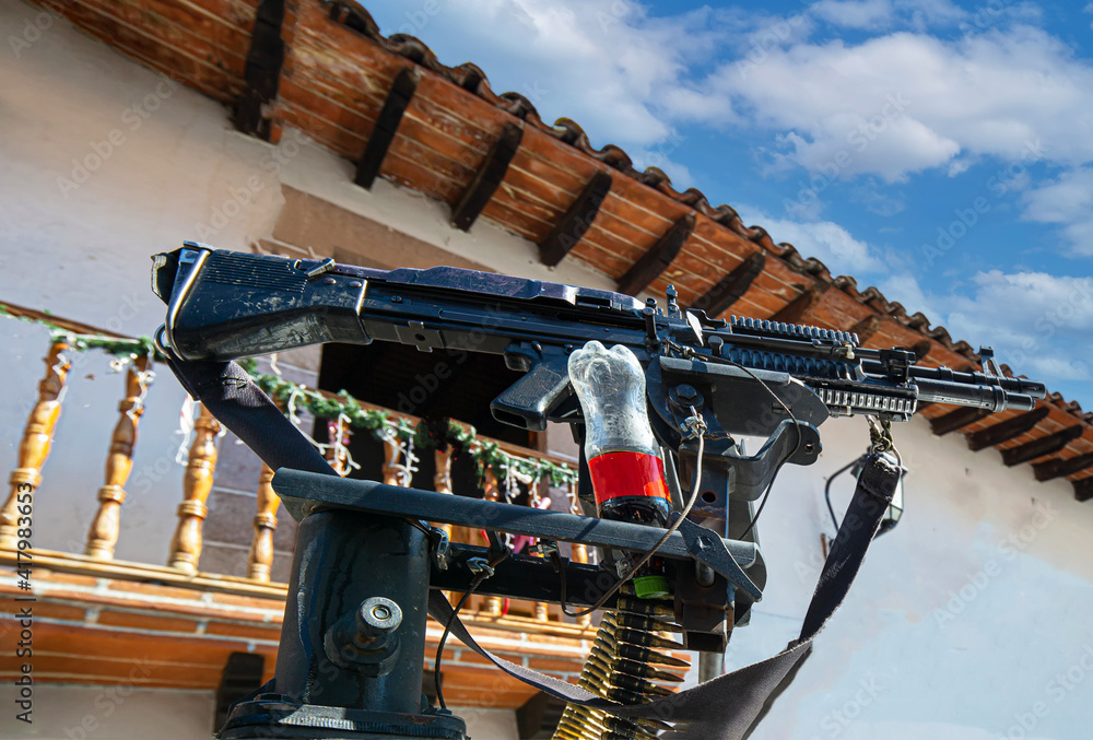 Mexico, Taxco police car with machine gun guarding local streets and ...