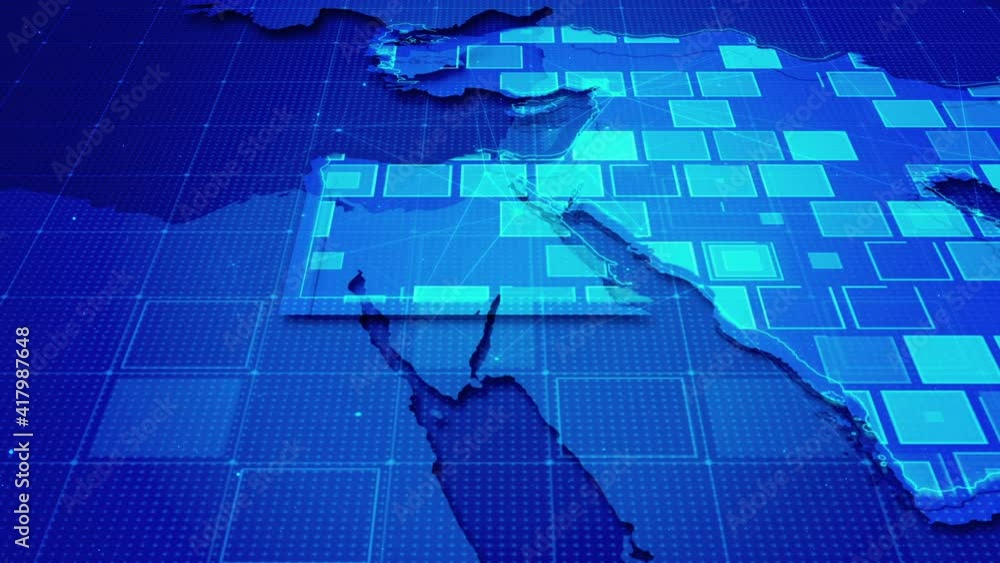 Digital rectangles in middle east map. Technology digital blue map of ...