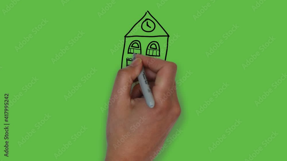 drawing an big building art with color combination on green background ...