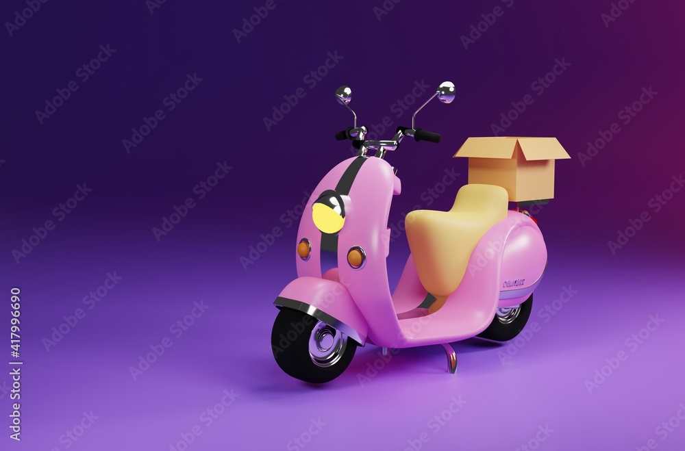 3D Rendering pink motor scooter with the box in the purple background ...