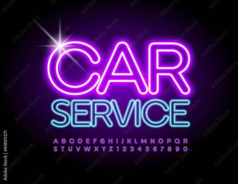 Vector industrial sign Car Service. Glowing bright Font. Neon Alphabet ...