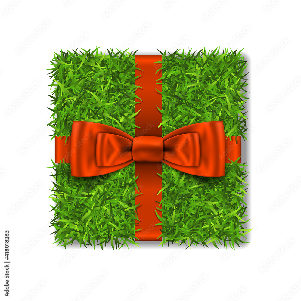 Gift box 3D. Green grass box top view, red ribbon bow isolated white ...