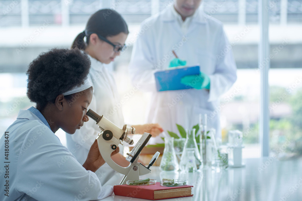 Different types of skin student working in science class, dark-skinned ...