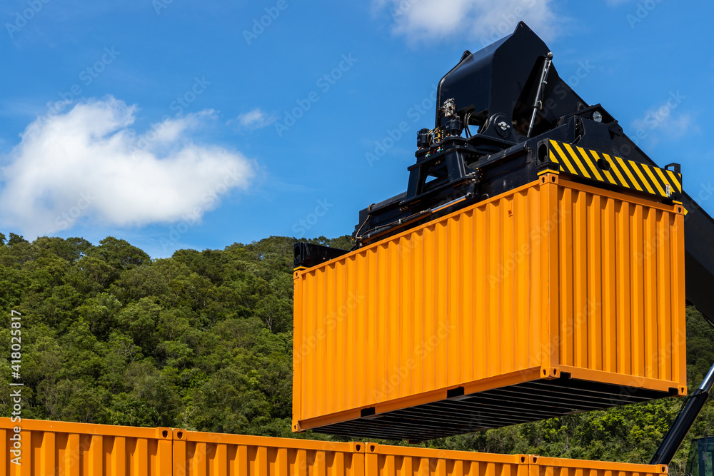 Reach stacker handling container, Cargo forklift handling container box ...